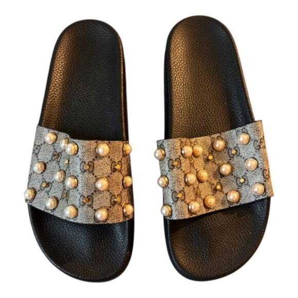 Gucci | Shoes | Gucci Womens Pursuit Pearl Stud Pool Slide Sandals ...